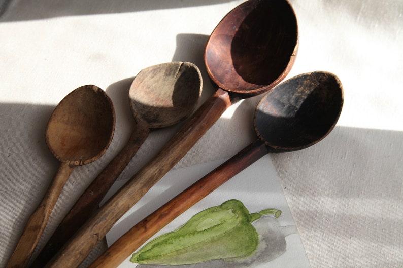 Lot of 4 Primitive Wooden Handmade Spoons, Old Antique Carved Paddle ...