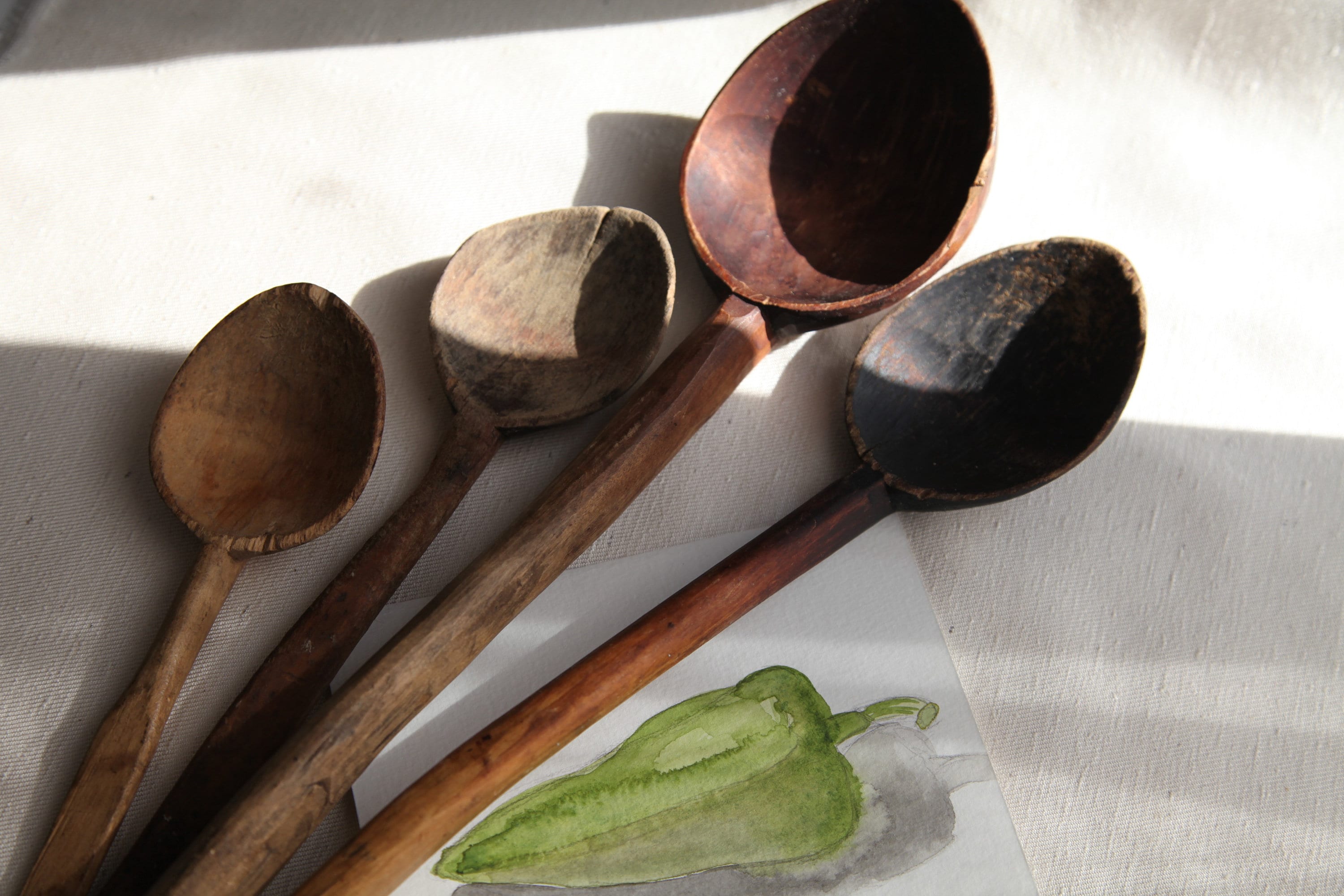 Lot of 4 Primitive Wooden Handmade Spoons, Old Antique Carved Paddle ...