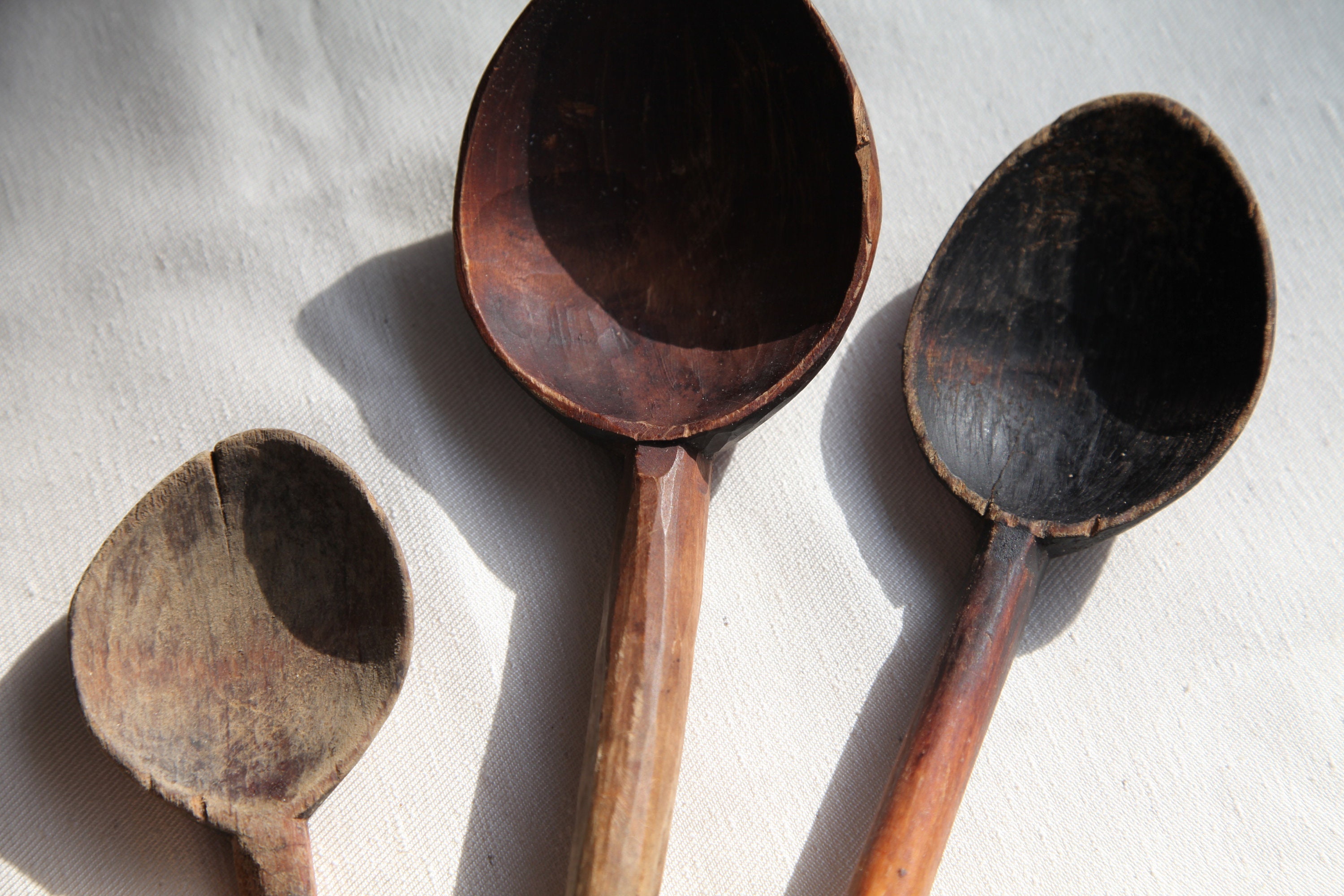 Lot of 4 Primitive Wooden Handmade Spoons, Old Antique Carved Paddle ...
