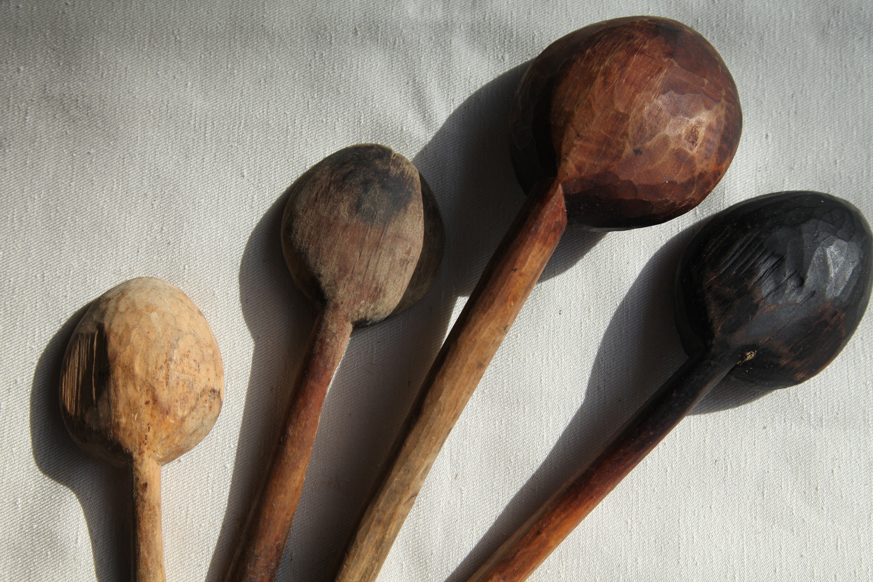 Lot of 4 Primitive Wooden Handmade Spoons, Old Antique Carved Paddle ...