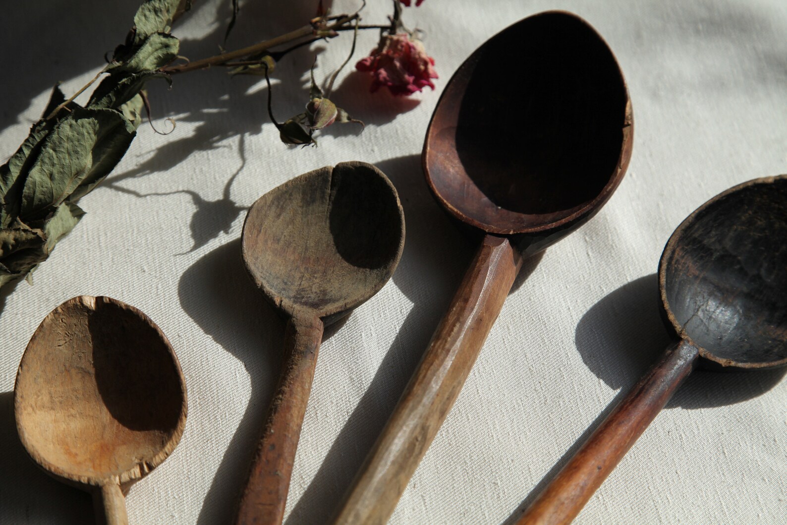 Lot of 4 Primitive Wooden Handmade Spoons, Old Antique Carved Paddle ...