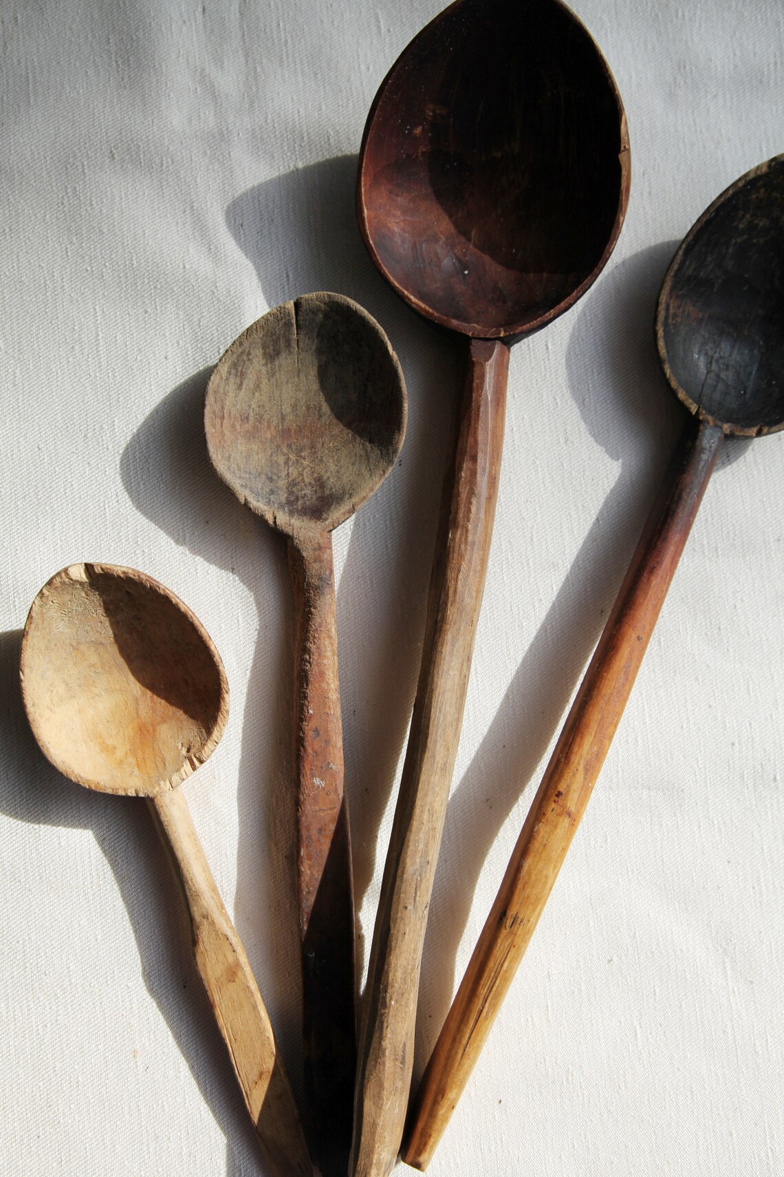 Lot of 4 Primitive Wooden Handmade Spoons, Old Antique Carved Paddle ...