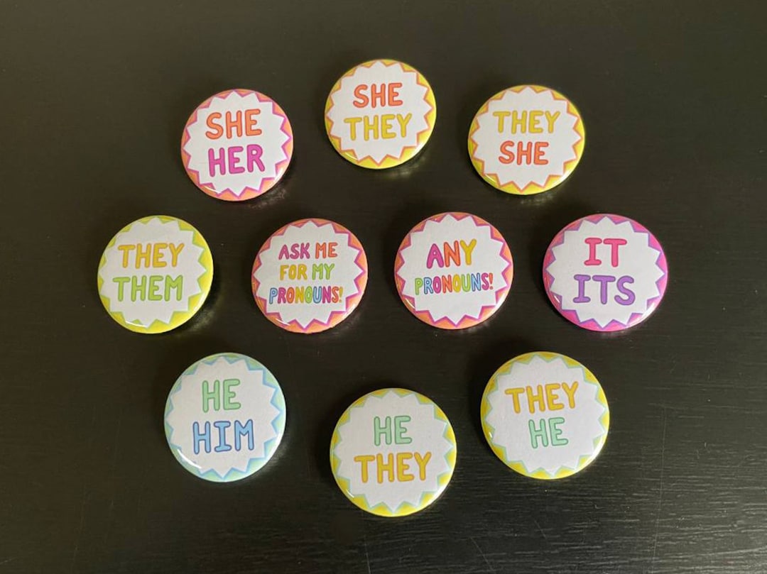 NEW! Pronoun Buttons English (LGBTQ+) | 32mm | She/her, He/him, They ...