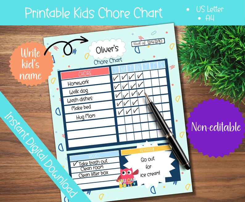 Printable Kids Chore Chart, Responsibility Chart, Non-editable, A4 and ...