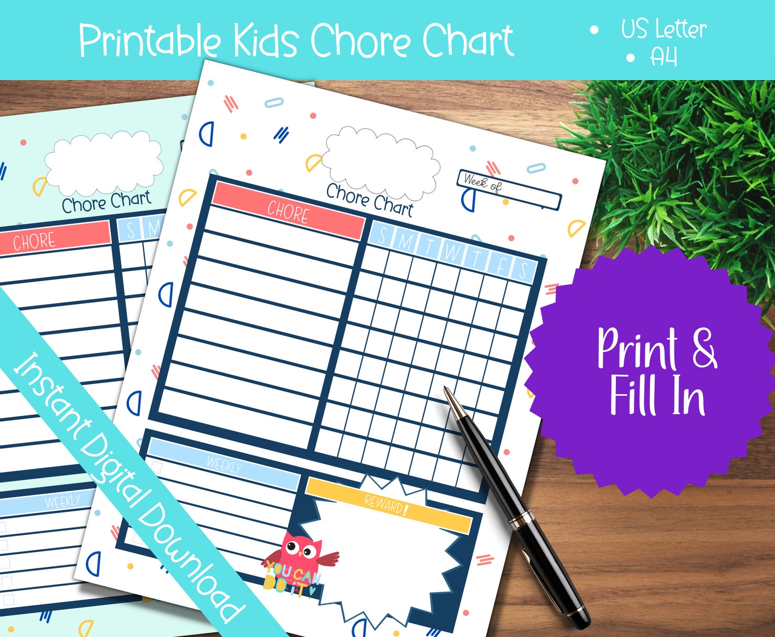 Printable Kids Chore Chart, Responsibility Chart, Non-editable, A4 and ...