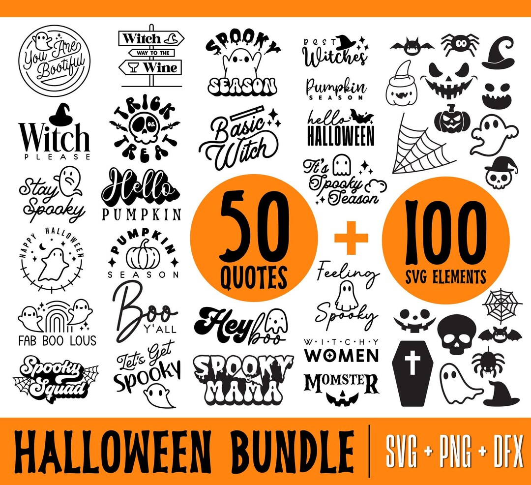 HALLOWEEN QUOTES BUNDLE 50 Designs + 100 Halloween Svg Elements Bundle ...