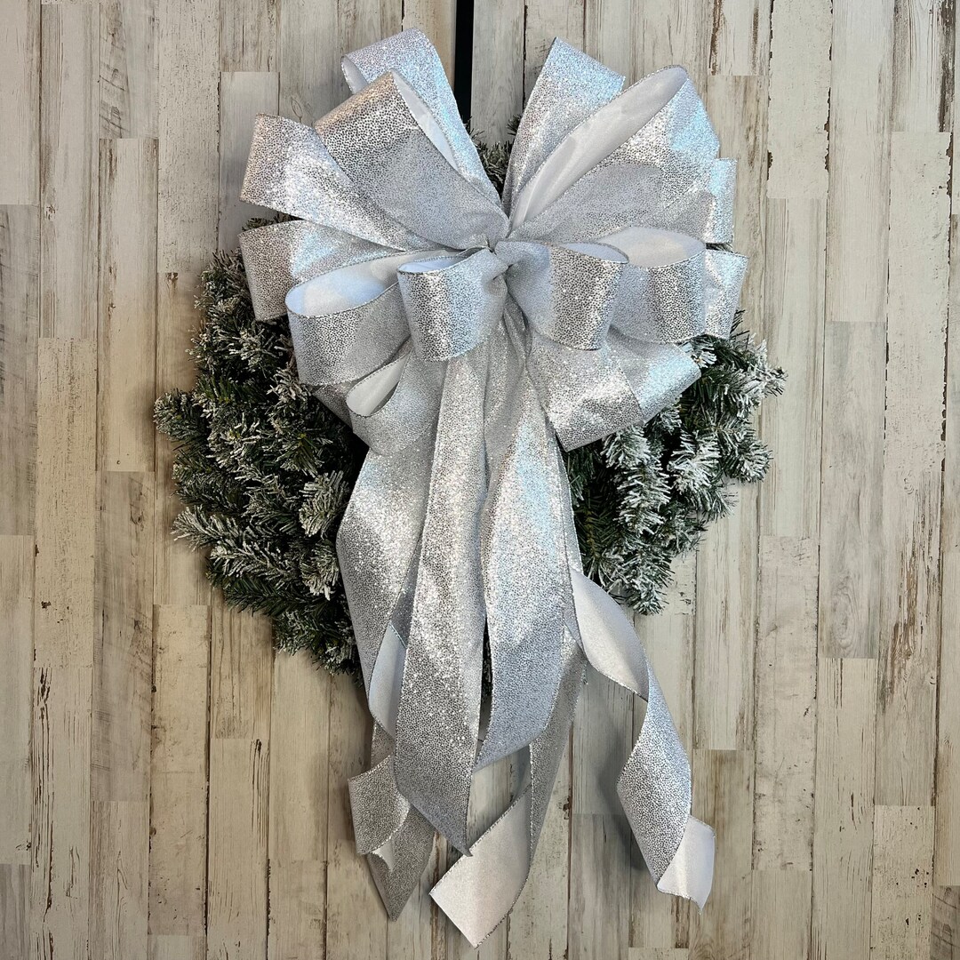 Silver Tree Topper Bow, Large Bow in Glitter Silver, Winter Themed Bow ...