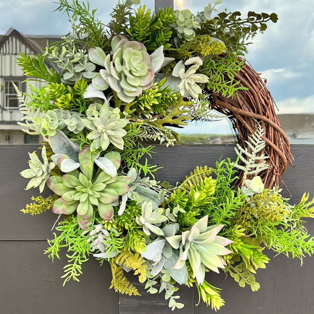 Faux Succulent Wreath for Front Door or Wall Decor, Artificial ...