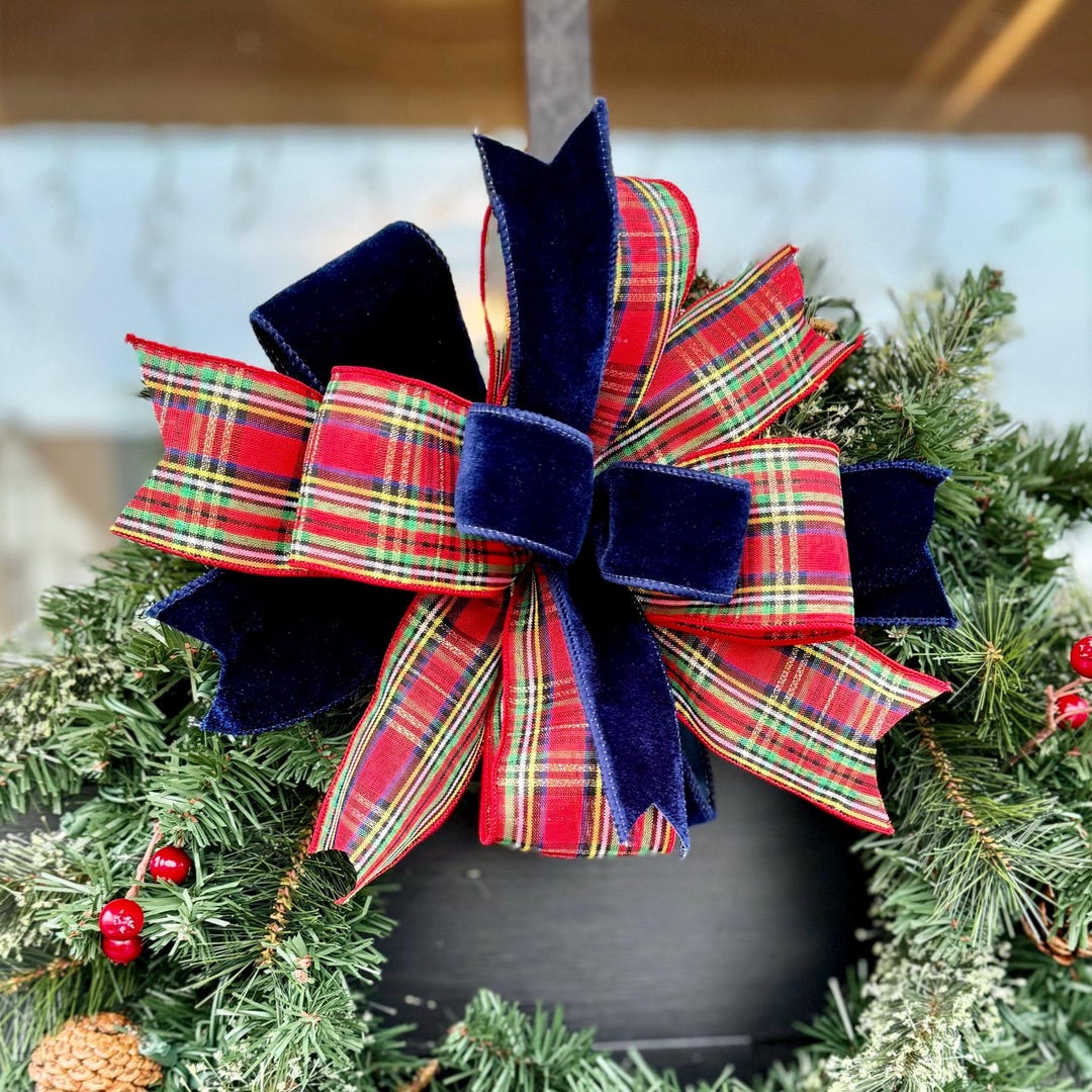 Christmas Tree Bow, Red Traditional Tartan Plaid Ribbon With Velvet ...