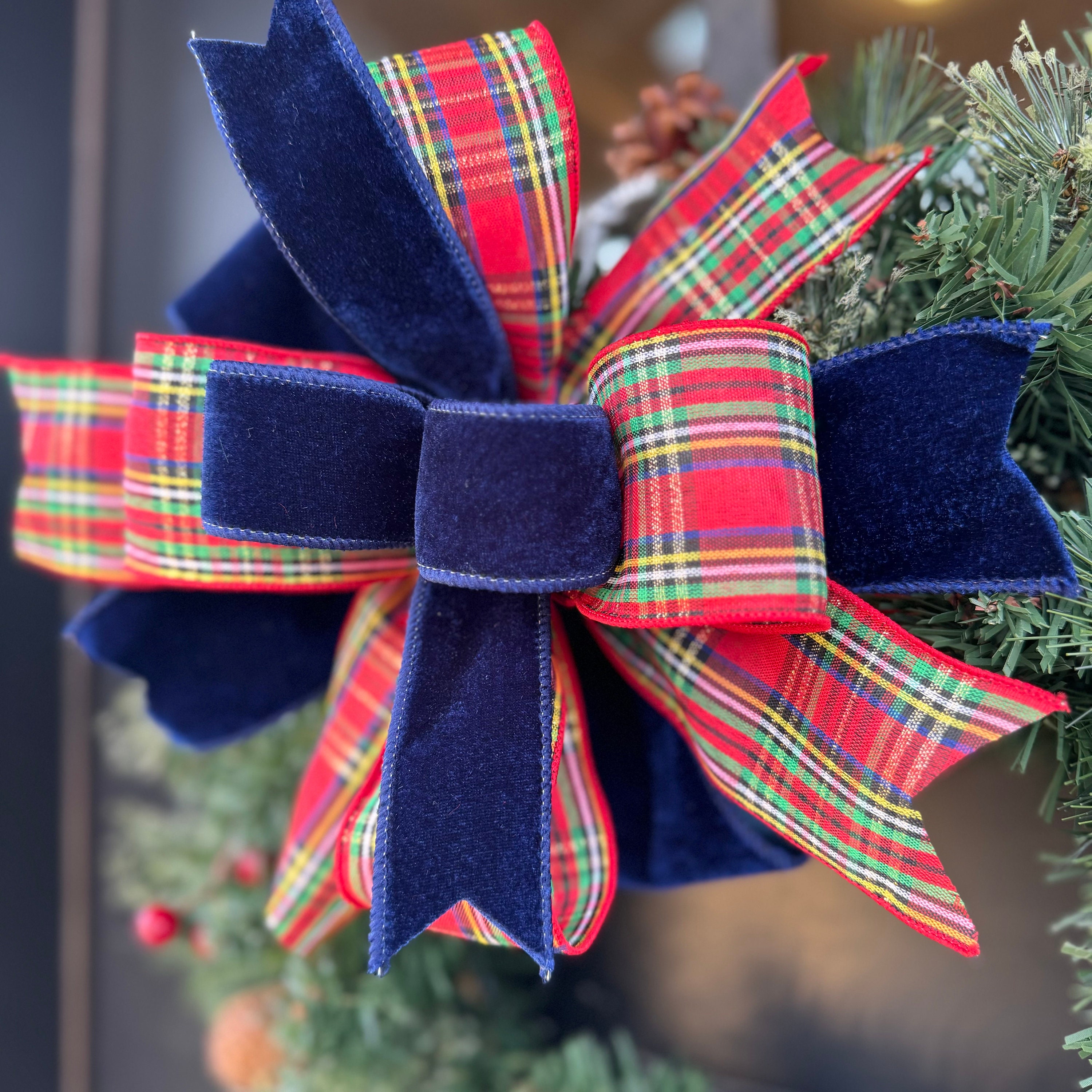 Christmas Tree Bow, Red Traditional Tartan Plaid Ribbon With Velvet ...