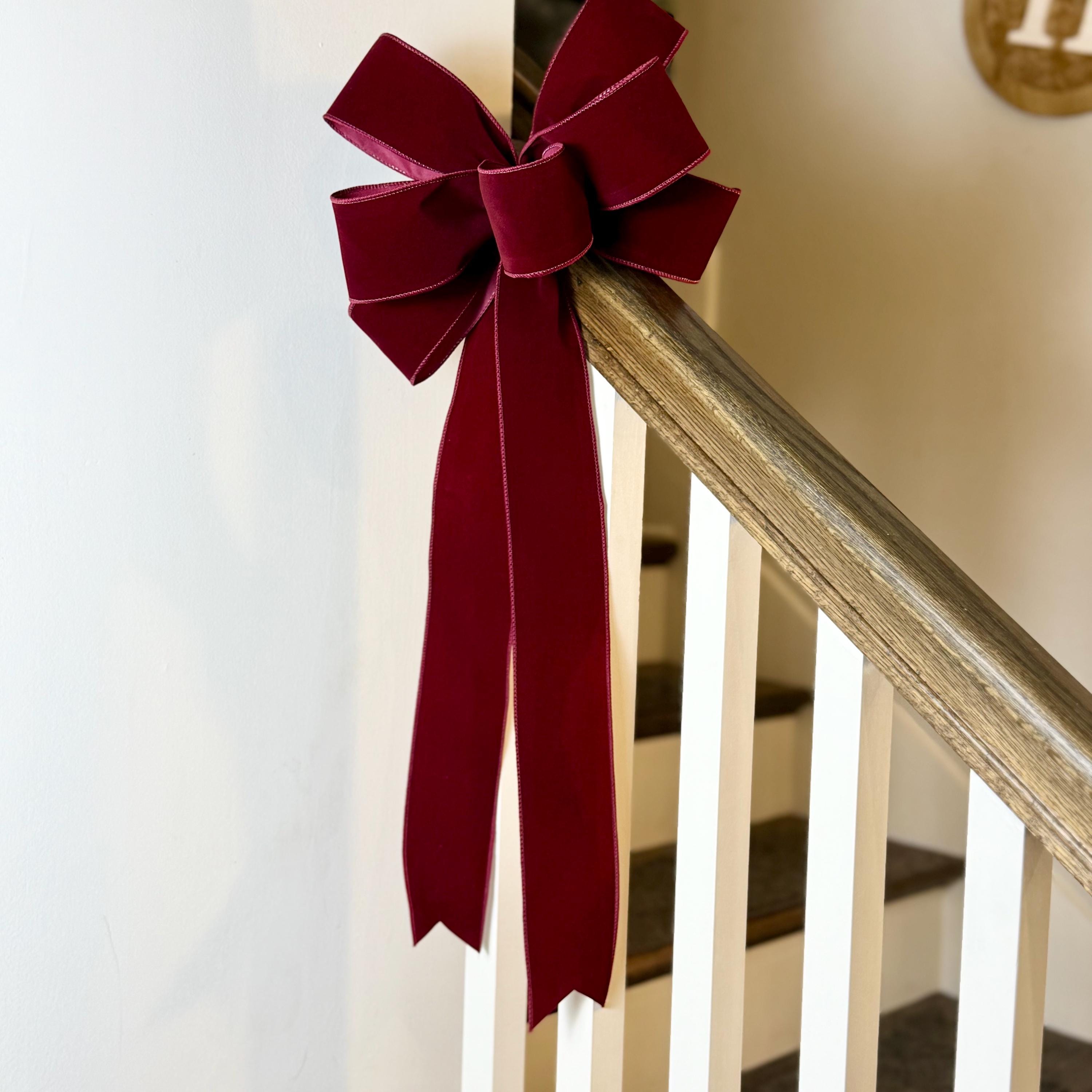 Velvet Burgundy Stair Bow - Classic Christmas Velvet Ribbon Bow for ...