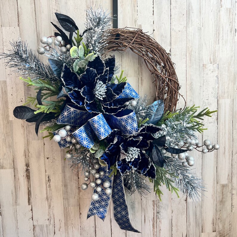 Navy Blue and Silver Christmas Wreath Blue Velvet Poinsettia - Etsy