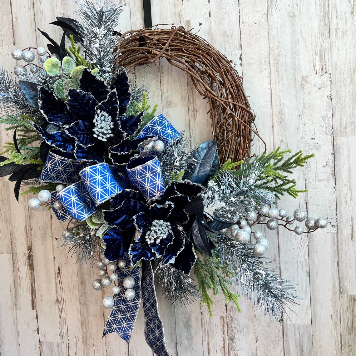 Navy Blue and Silver Christmas Wreath, Blue Velvet Poinsettia Grapevine ...