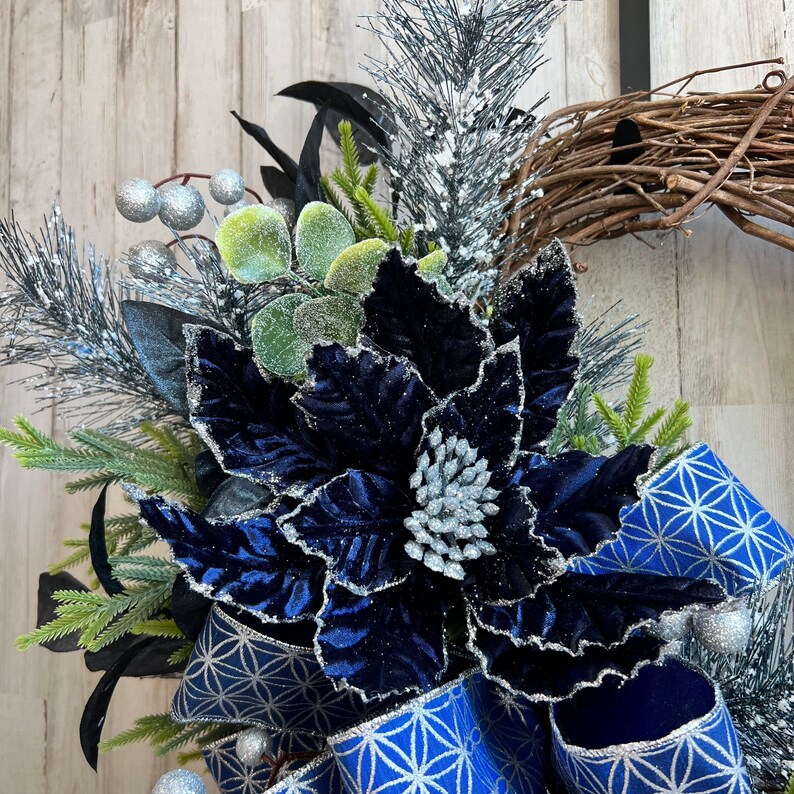 Navy Blue and Silver Christmas Wreath Blue Velvet Poinsettia - Etsy