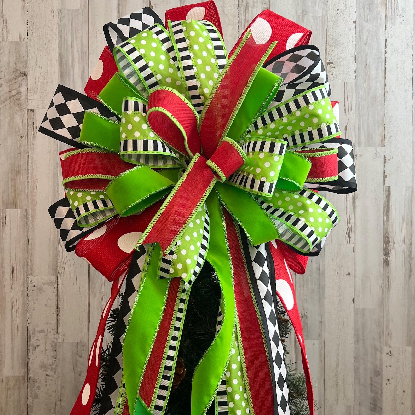 Christmas Tree Topper Bow With Velvet Lime Green and Red Wired Ribbon ...