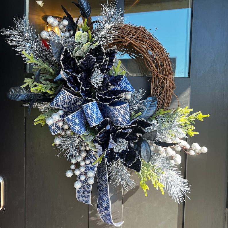 Navy Blue and Silver Christmas Wreath Blue Velvet Poinsettia - Etsy