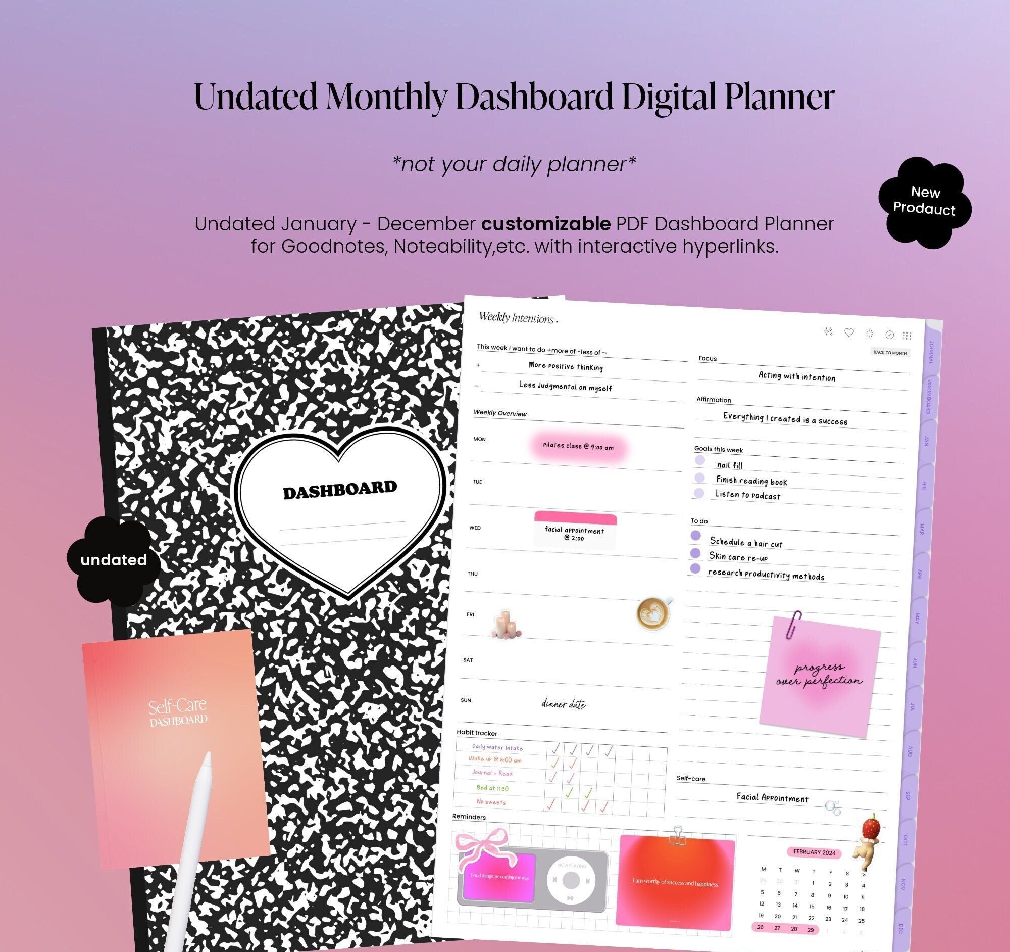 Undated Monthly Dashboard Digital Planner, Goodnotes, Portrait Mode ...