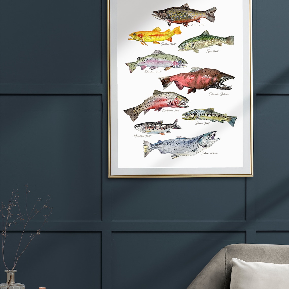 PRINTABLE Fish Watercolor Print, Trout and Salmon Poster, Fish Painting ...