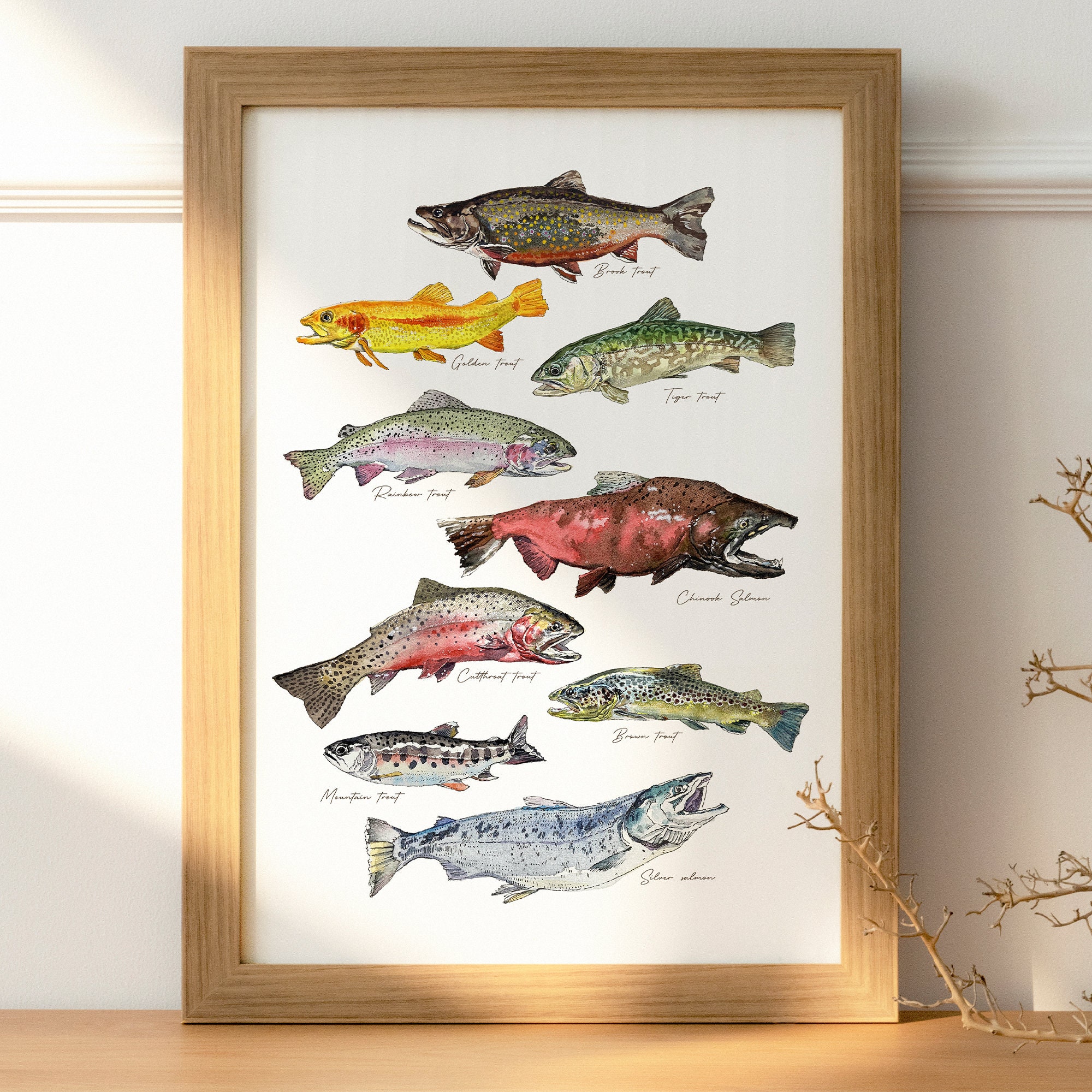 PRINTABLE Fish Watercolor Print, Trout and Salmon Poster, Fish Painting ...