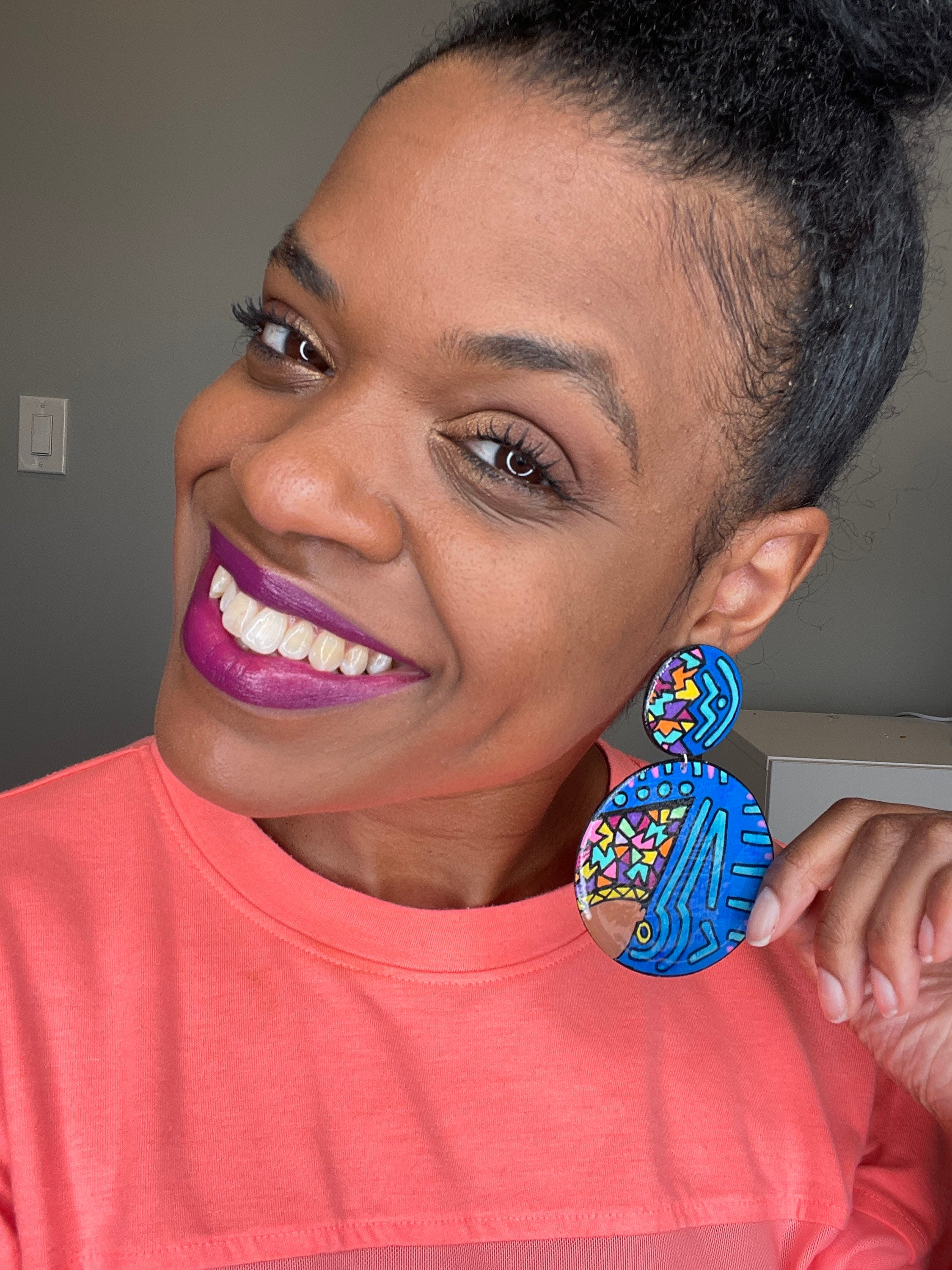 BOLD and Colorful Two Tiered Hand Painted African Queen Wooden Earrings ...