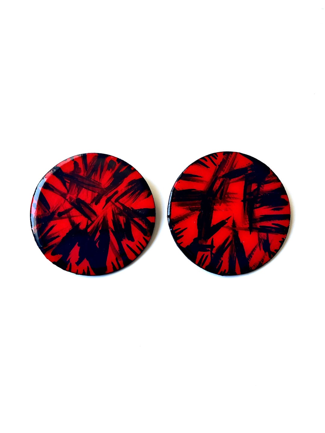 Edgy Hand Painted Red and Black Jumbo Stud With Sharp Abstract Stripes ...