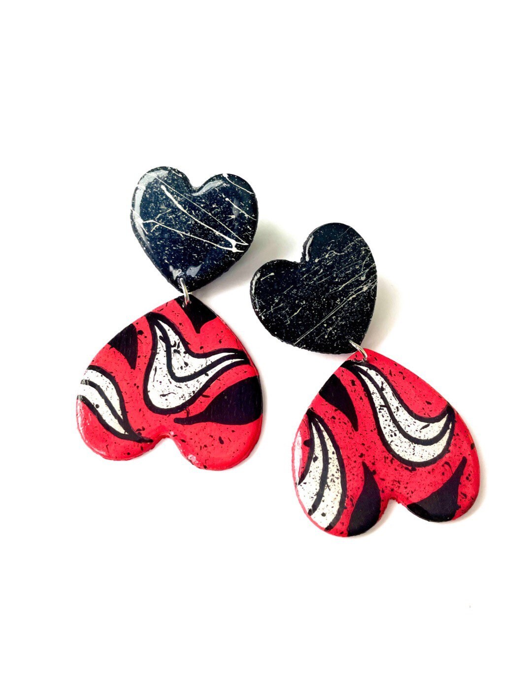 Adorable Hand Painted Two Tiered Red and Black Heart Earrings - Etsy