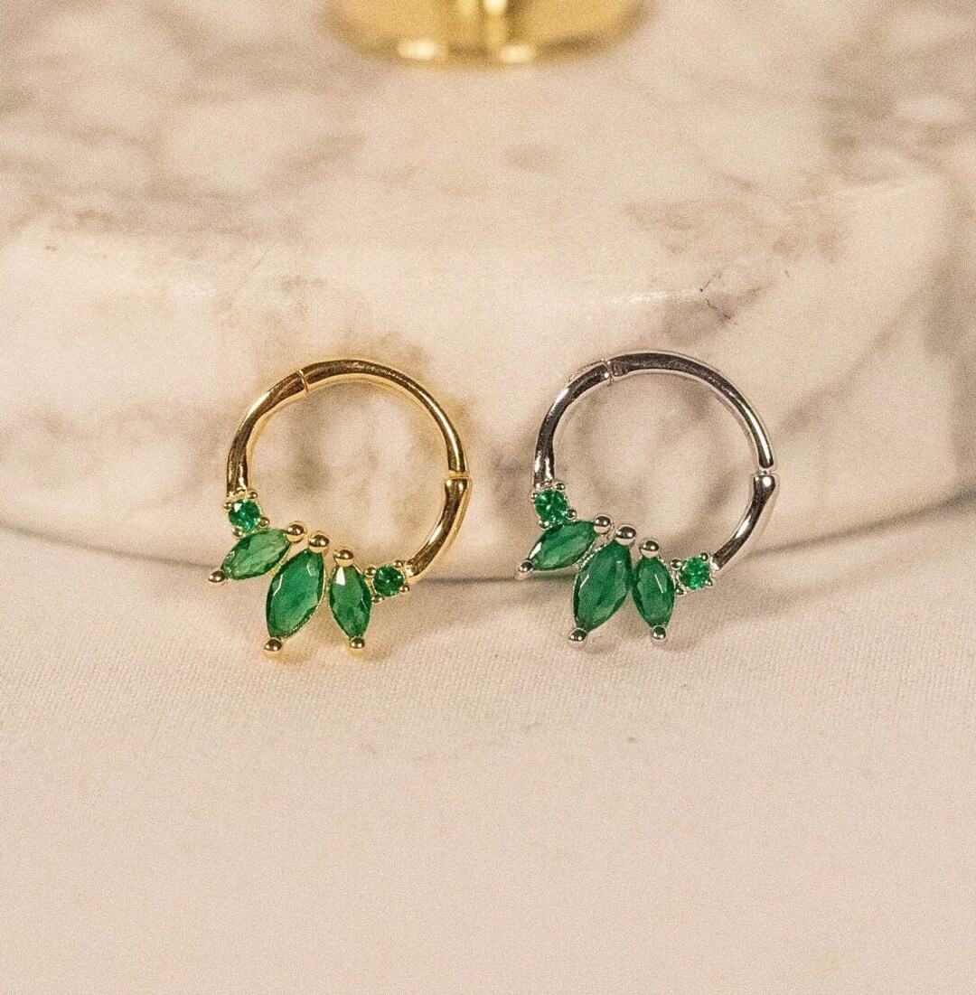 Emerald 14k Gold Plated Cluster Single Clicker Huggie Hoop Helix Daith Tragus Cartilage Septum ...