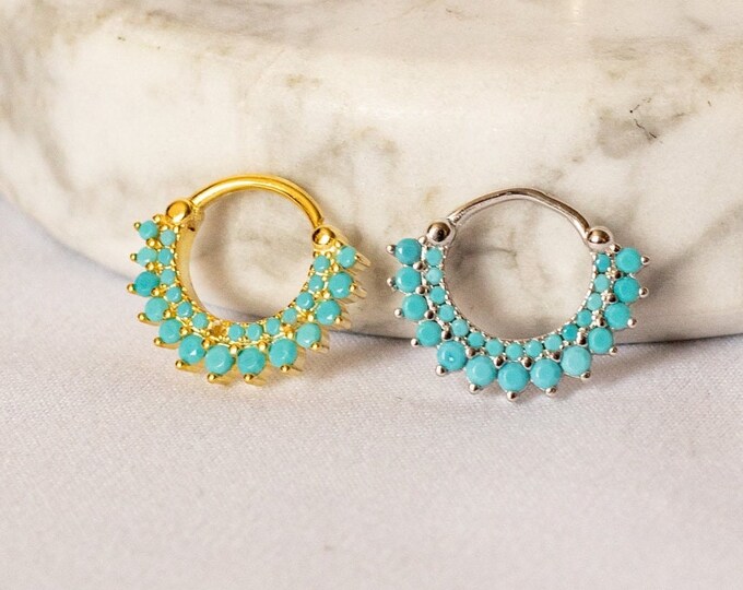 14k Solid White Gold Daith Piercing Blue Opal Cz's Clicker Ring..16g ...