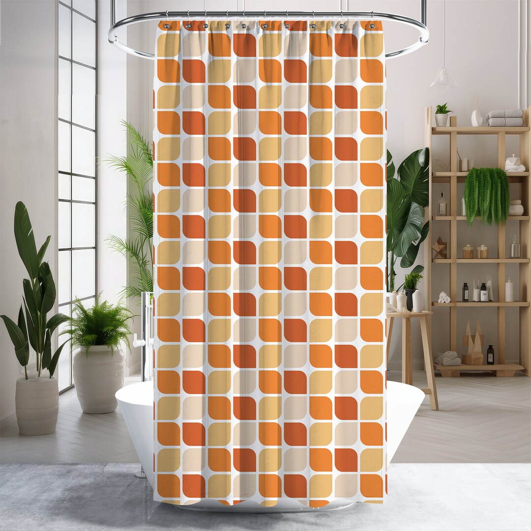 Retro Orange Boho Shower Curtain Mid Century Abstract Patterns