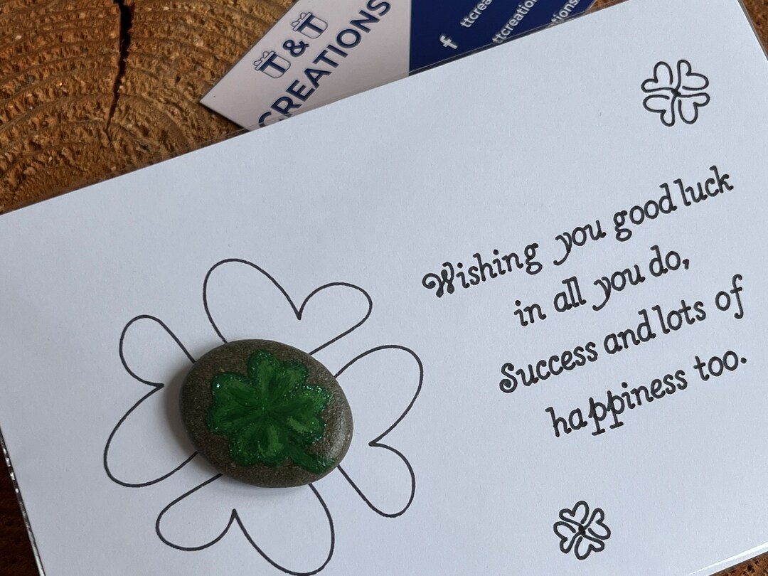 Good Luck Card Pebble Art Letterbox Gift Lucky Clover New Job New Home ...