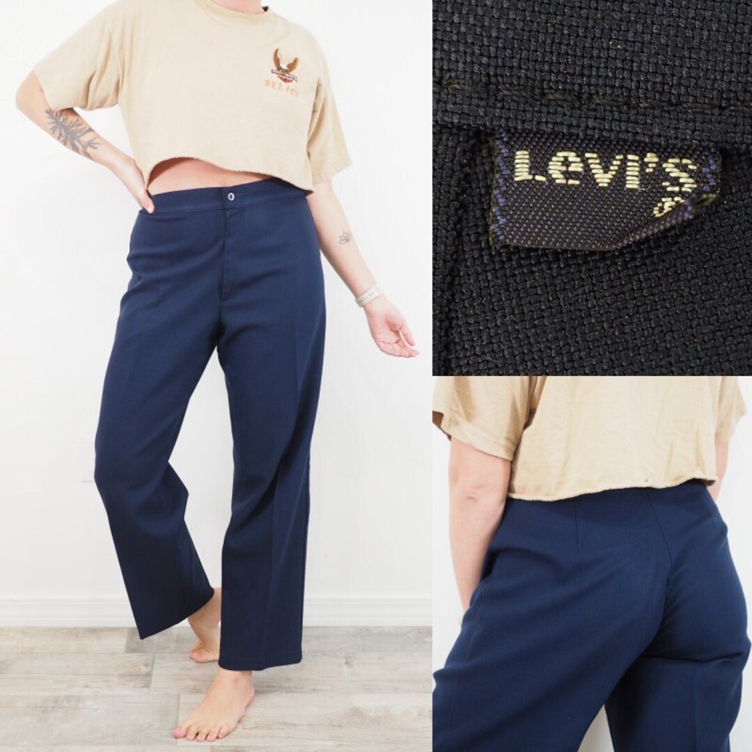 Early 80s Vintage Levi Slacks navy 100% Polyester High Waisted Tapered ...
