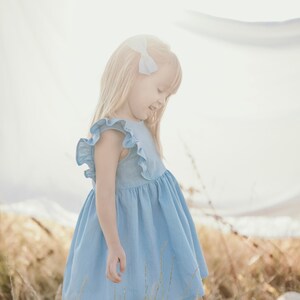 Light Blue Flutter Sleeves Baby Girl Linen Dress Back Wooden Buttons ...