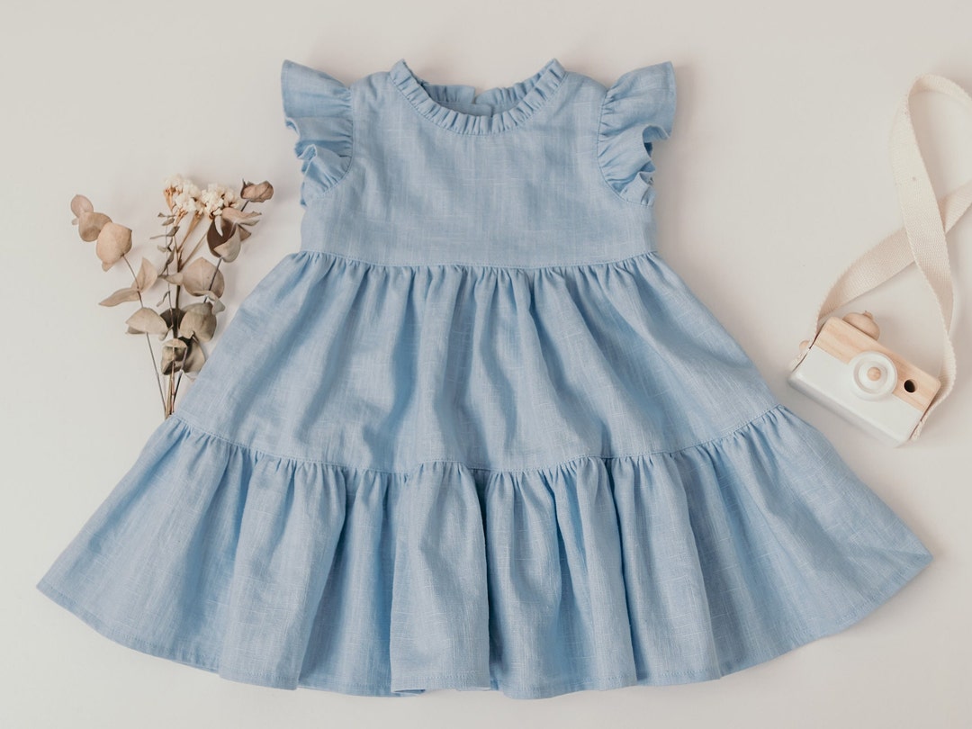 Light Blue Flutter Sleeves Tiered Baby Girl Linen Dress With Neckline ...