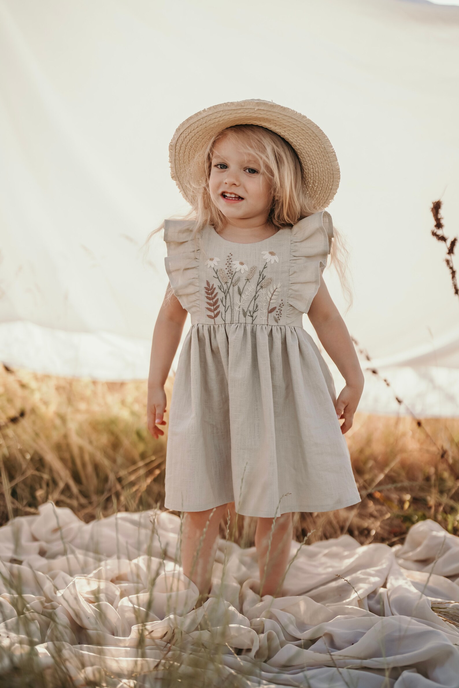 Natural Beige Flutter Sleeves Baby Girl Linen Dress With - Etsy
