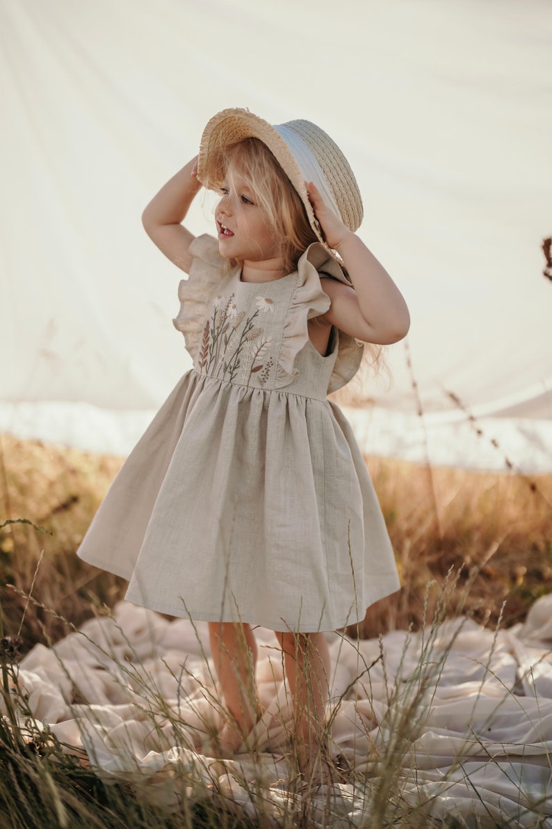 Natural Beige Flutter Sleeves Baby Girl Linen Dress With - Etsy
