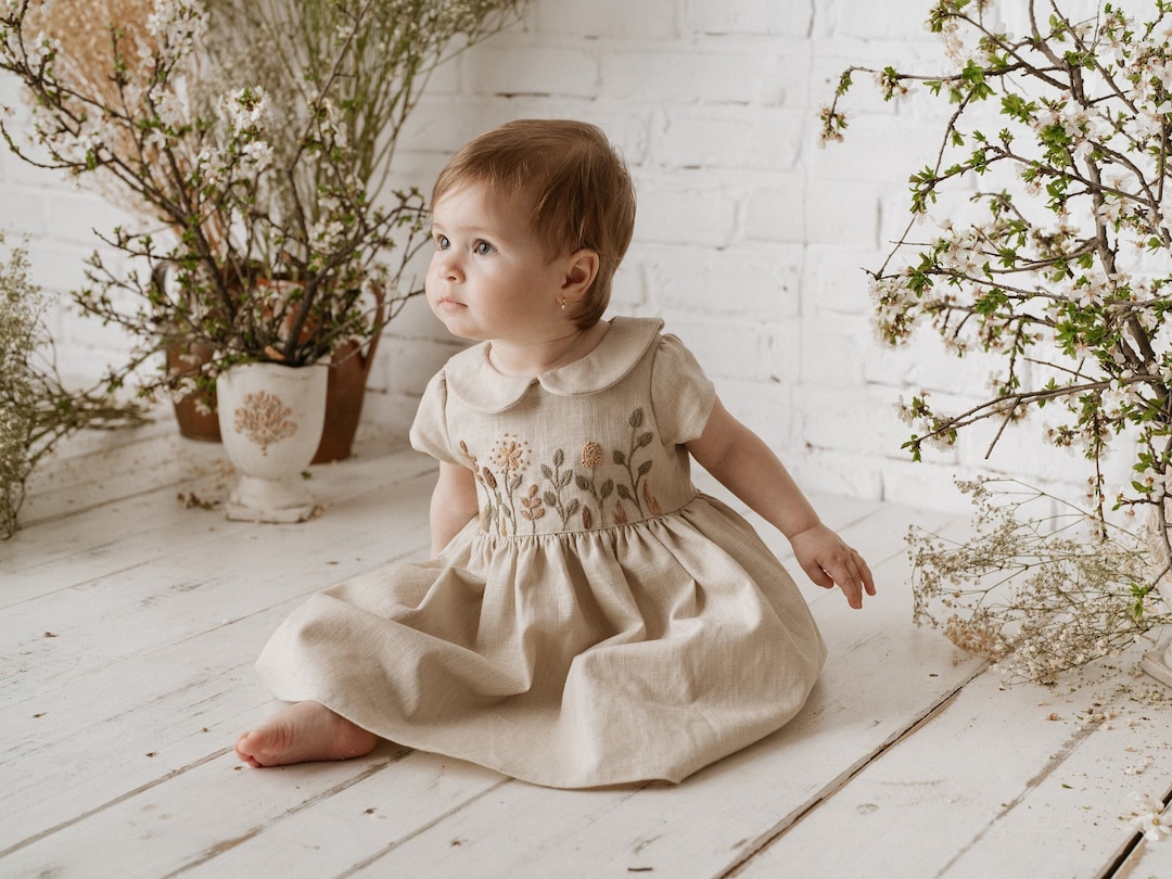 Natural Beige Linen Dress for Baby Girl | Handmade Floral Embroidery ...