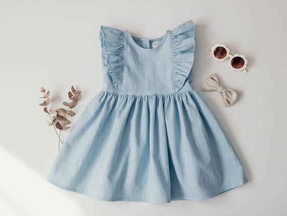 Light Blue Flutter Sleeves Baby Girl Linen Dress Back Wooden - Etsy