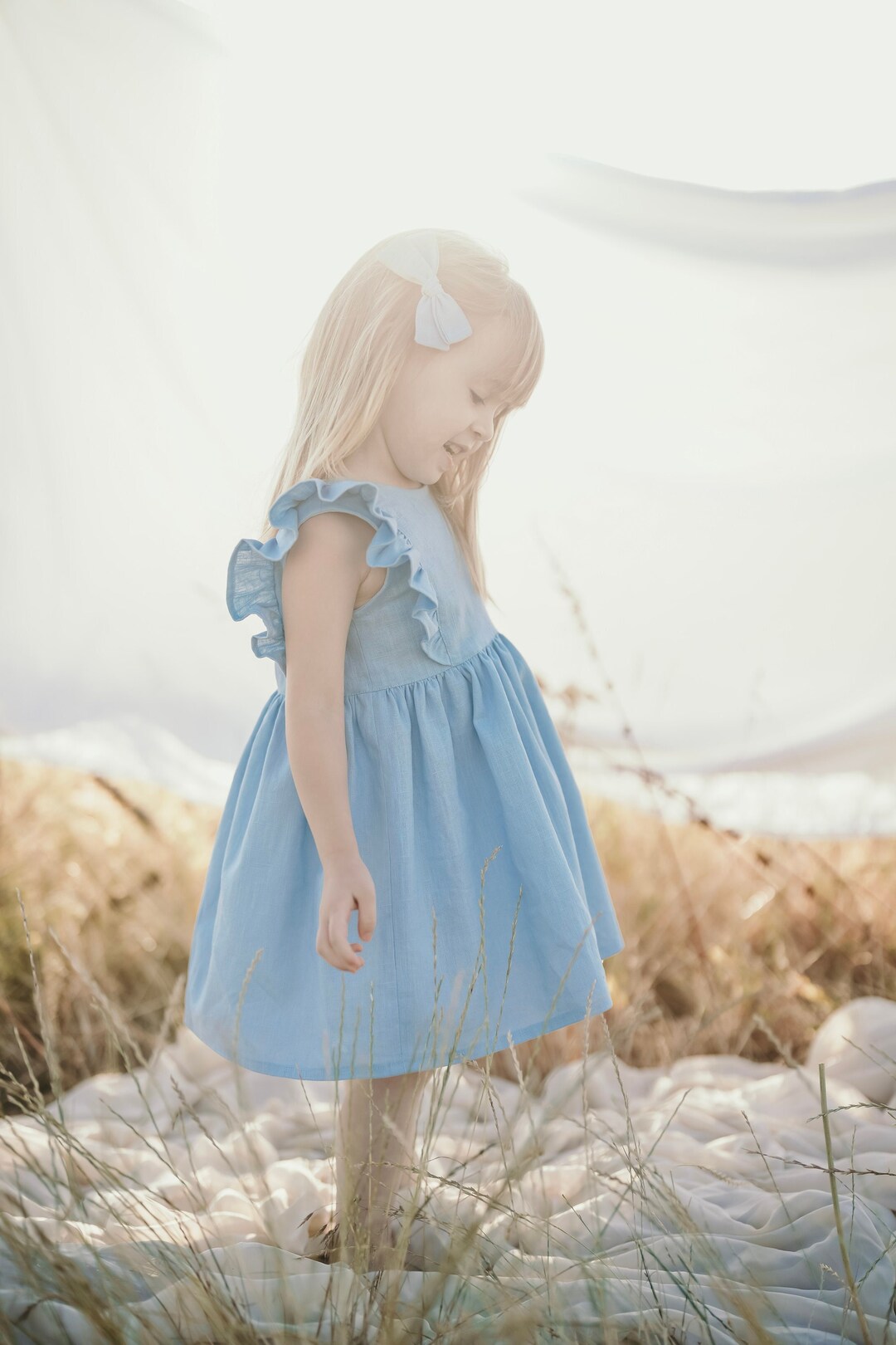 Light Blue Flutter Sleeves Baby Girl Linen Dress Back Wooden Buttons ...