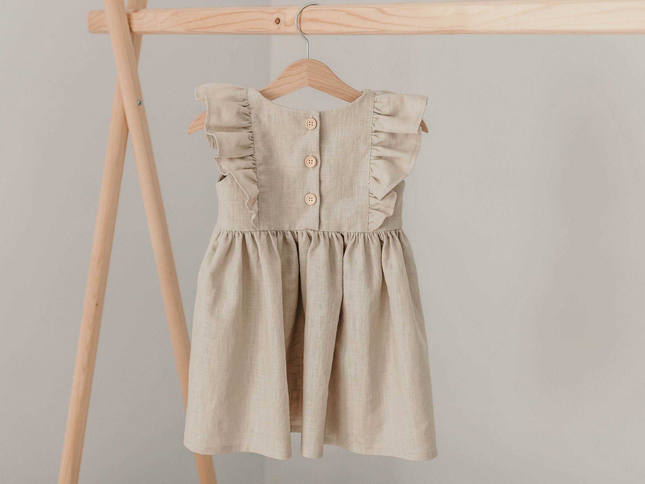 Natural Beige Flutter Sleeves Baby Girl Linen Dress With - Etsy