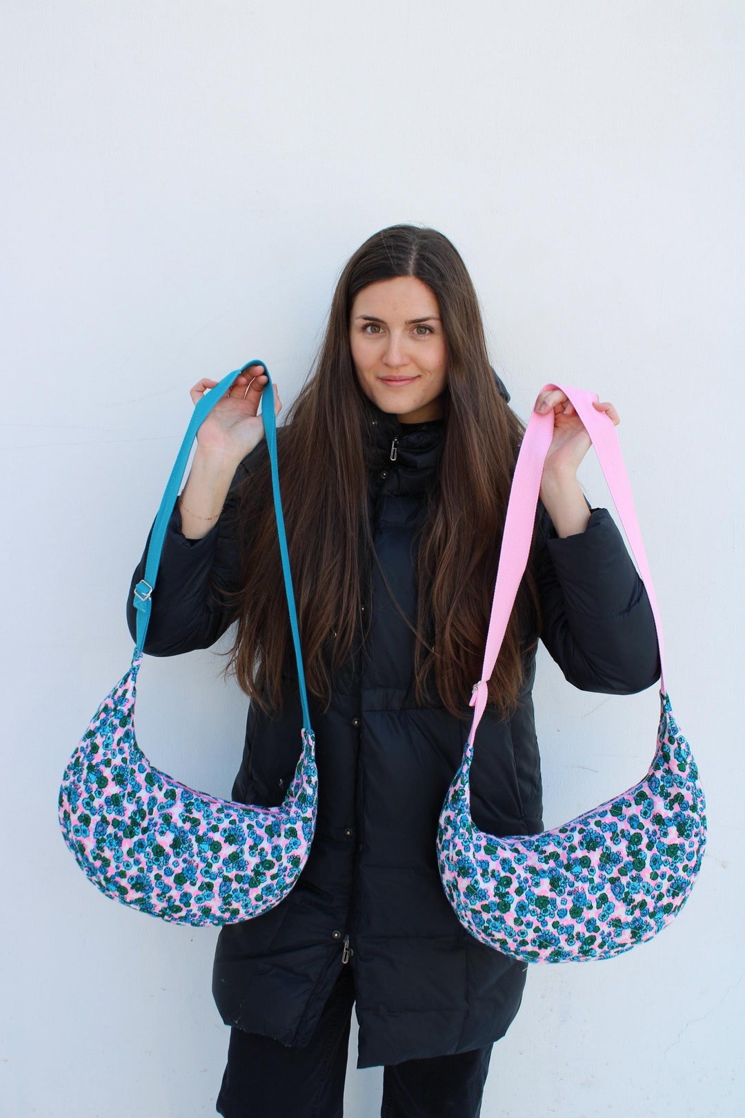 Blue and Pink Flower Power Crescent Bags 70s Quilted Fabric - Etsy
