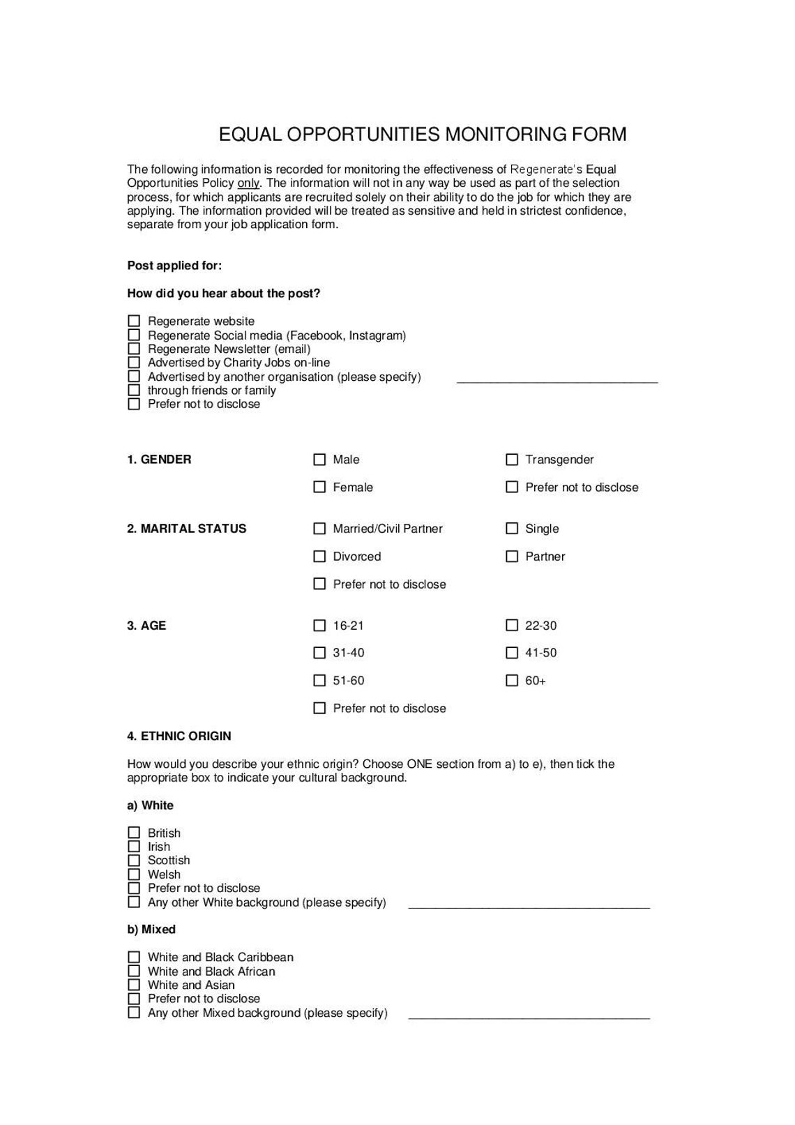 Equal Opportunities Monitoring Form Printable microsoft Word - Etsy