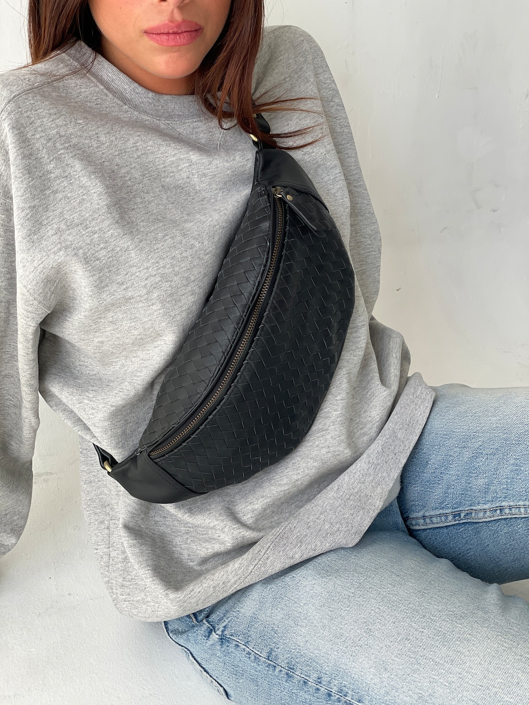 Black Handwoven Leather Fanny Pack Leather Crossbody Bag Bum - Etsy