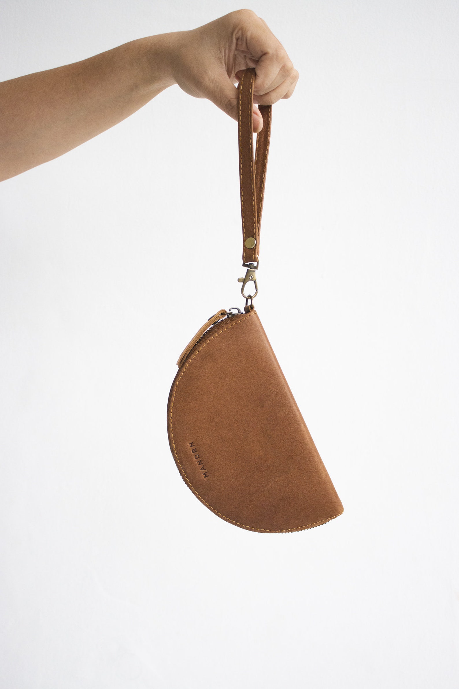 Tan Leather Half Moon Wallet – Minimalist Zip Coin Purse, Card Holder ...