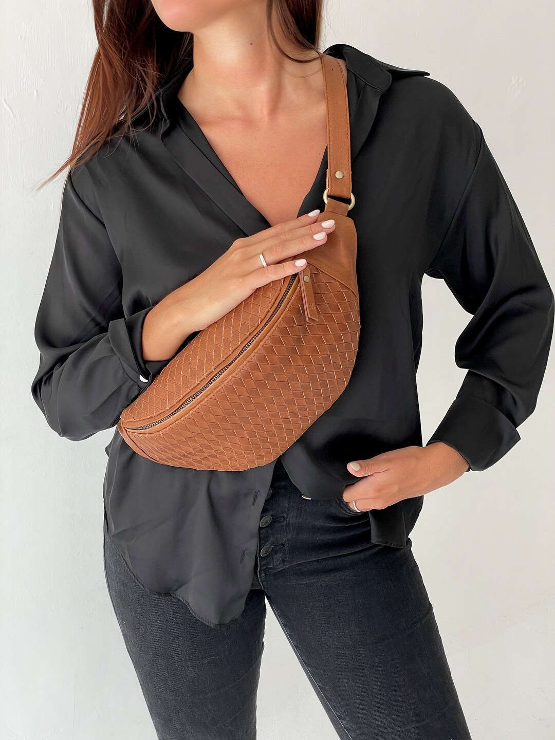 Tan Handwoven Leather Fanny Pack, Leather Crossbody Bag, Bum Bag ...