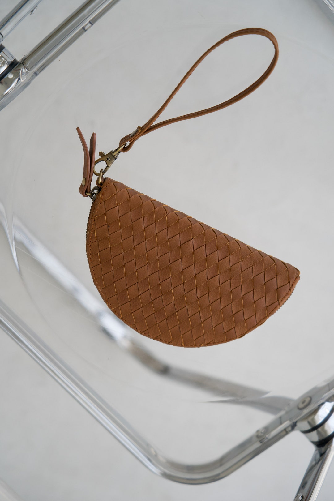 Minimalist Tan Woven Leather Wallet, Half Moon Shape Wallet, Leather ...