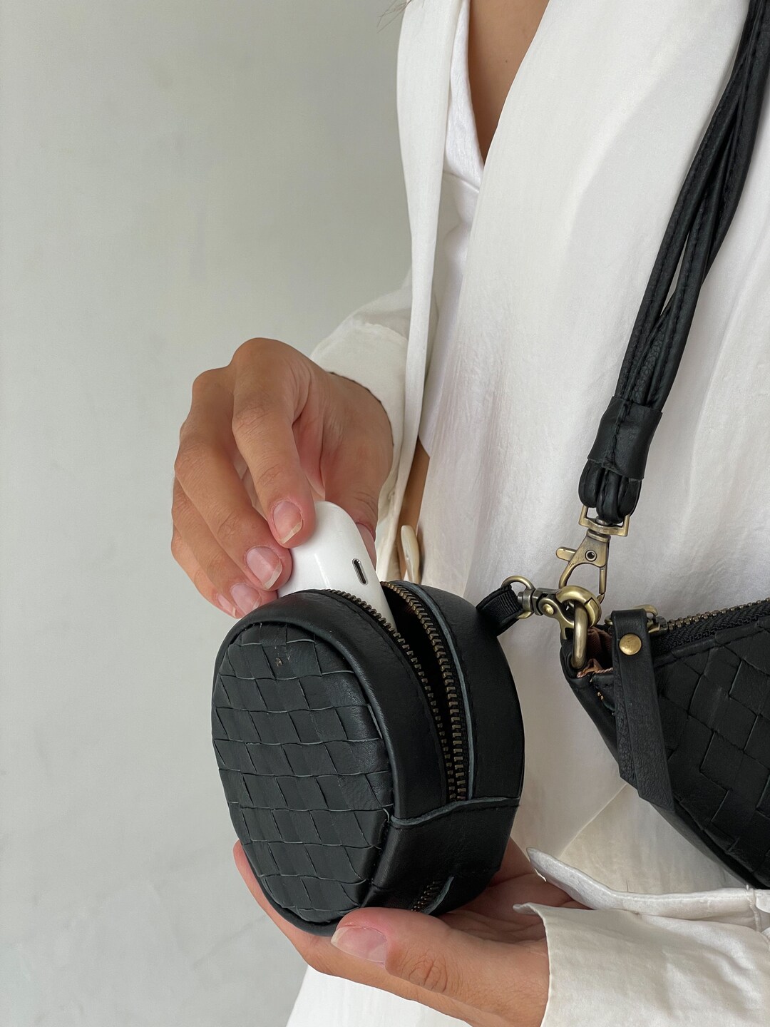 Black Woven Leather Circle Pouch Attachable Bag Coin Purse - Etsy