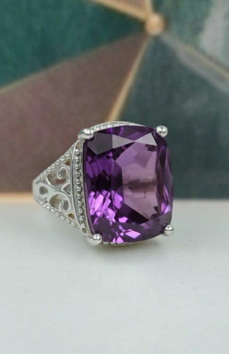 Large Cushion Amethyst Ring, Solid Silver, February Birthstone - Etsy