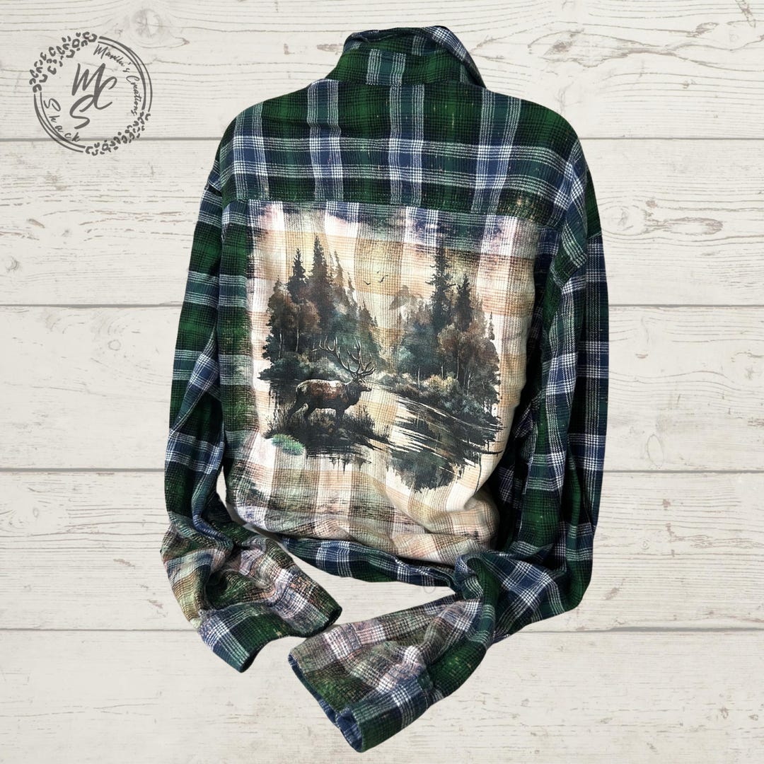 Flannel Forest With Deer, Wilderness Outdoor Hunting Top Bleached ...