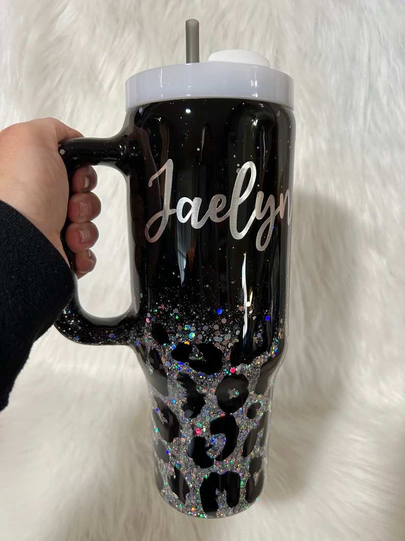Leopard Print Tumbler: Black & Silver Glitter, Personalized Cup - Etsy