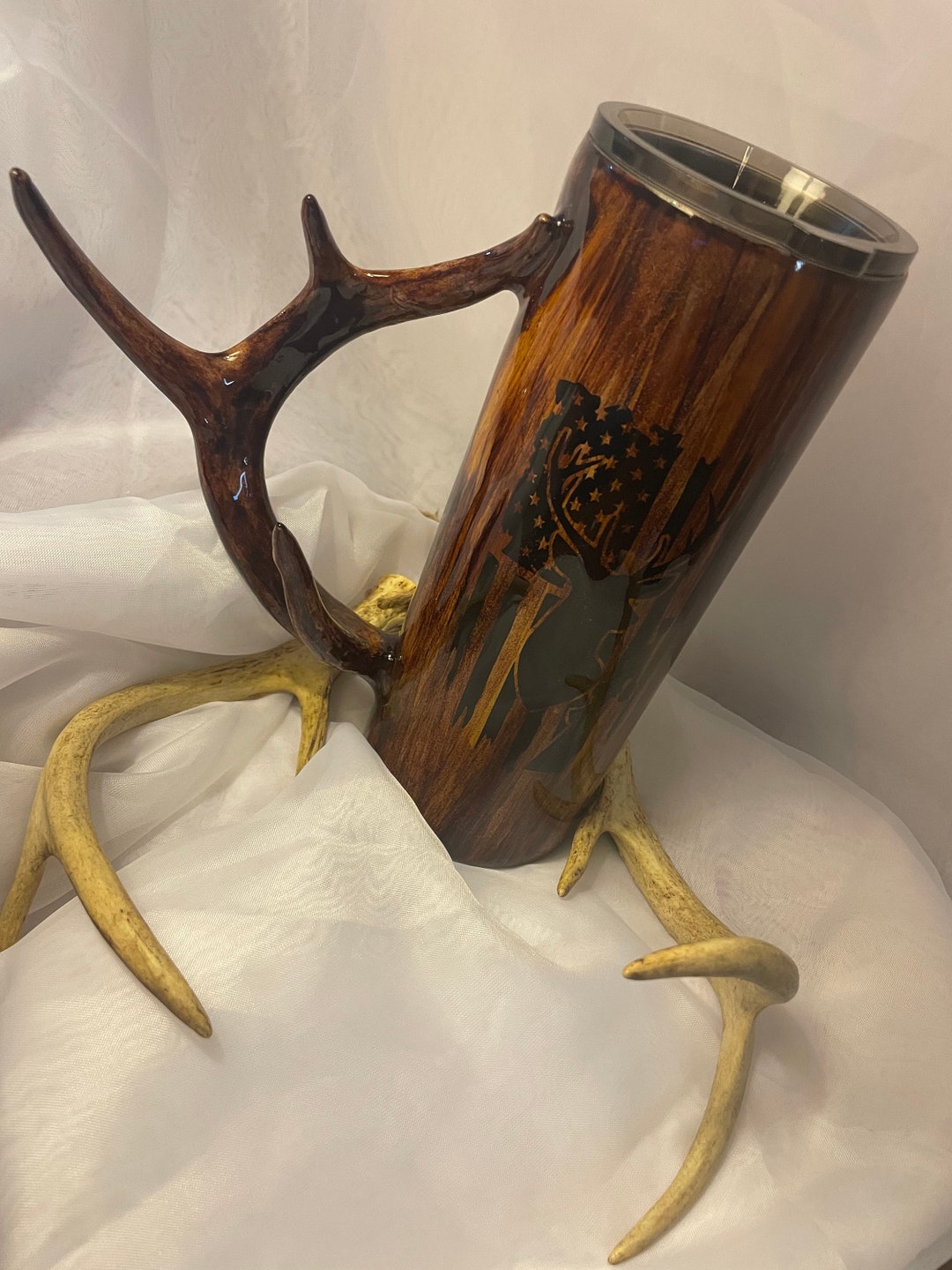 Deer Tumbler, Hunting Cup, Real Deer Antler Handle 20oz Straight Skinny ...